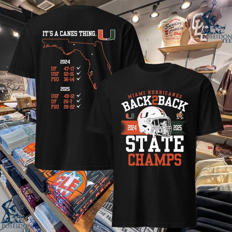 Miami Hurricanes Black Back 2 Back State Champs 2024 2025 T-Shirt ...